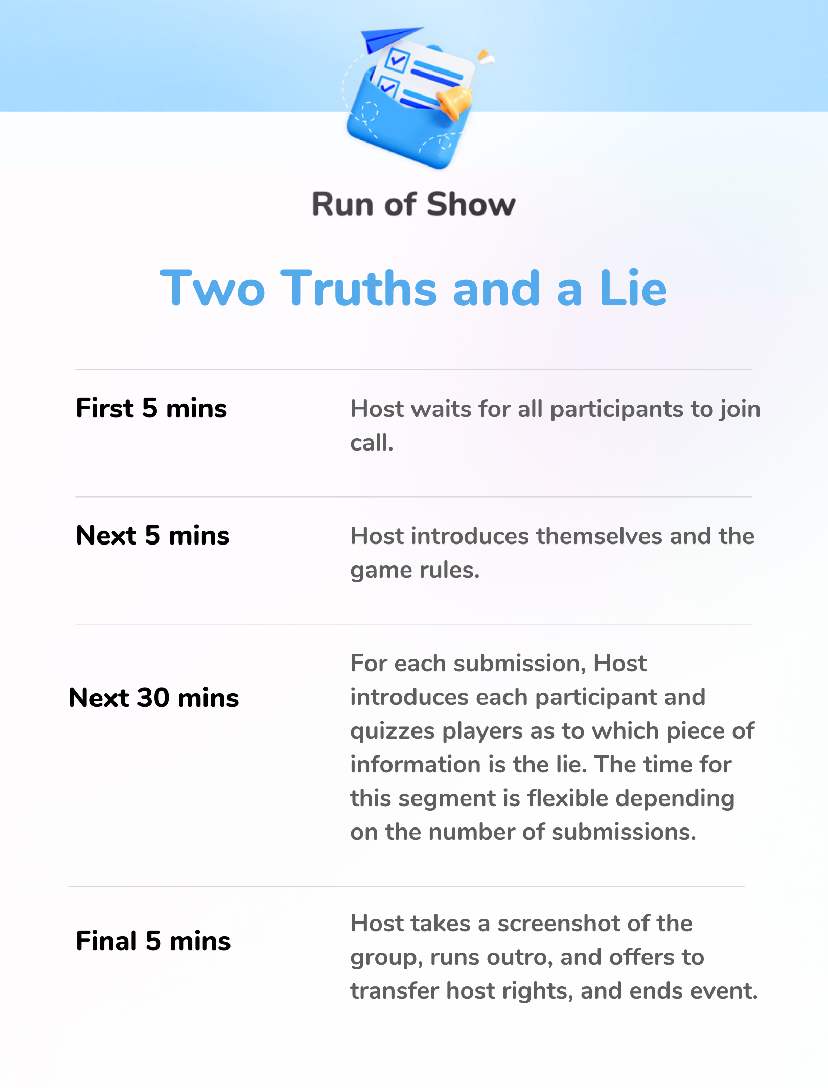 Two Truths and a Lie Sample Schedule | Confetti 🎉